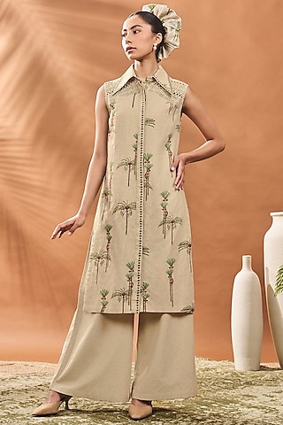 Sage Green Linen Printed & Hand Embroidered A-Line Tunic Set by Masaba ...