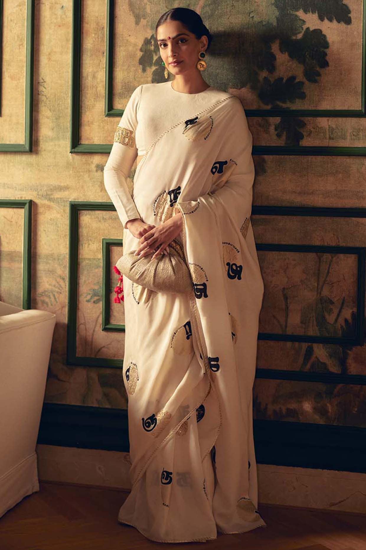 Ivory Mul Silk Foil Printed & Hand Embroidered Saree Set by Masaba at ...