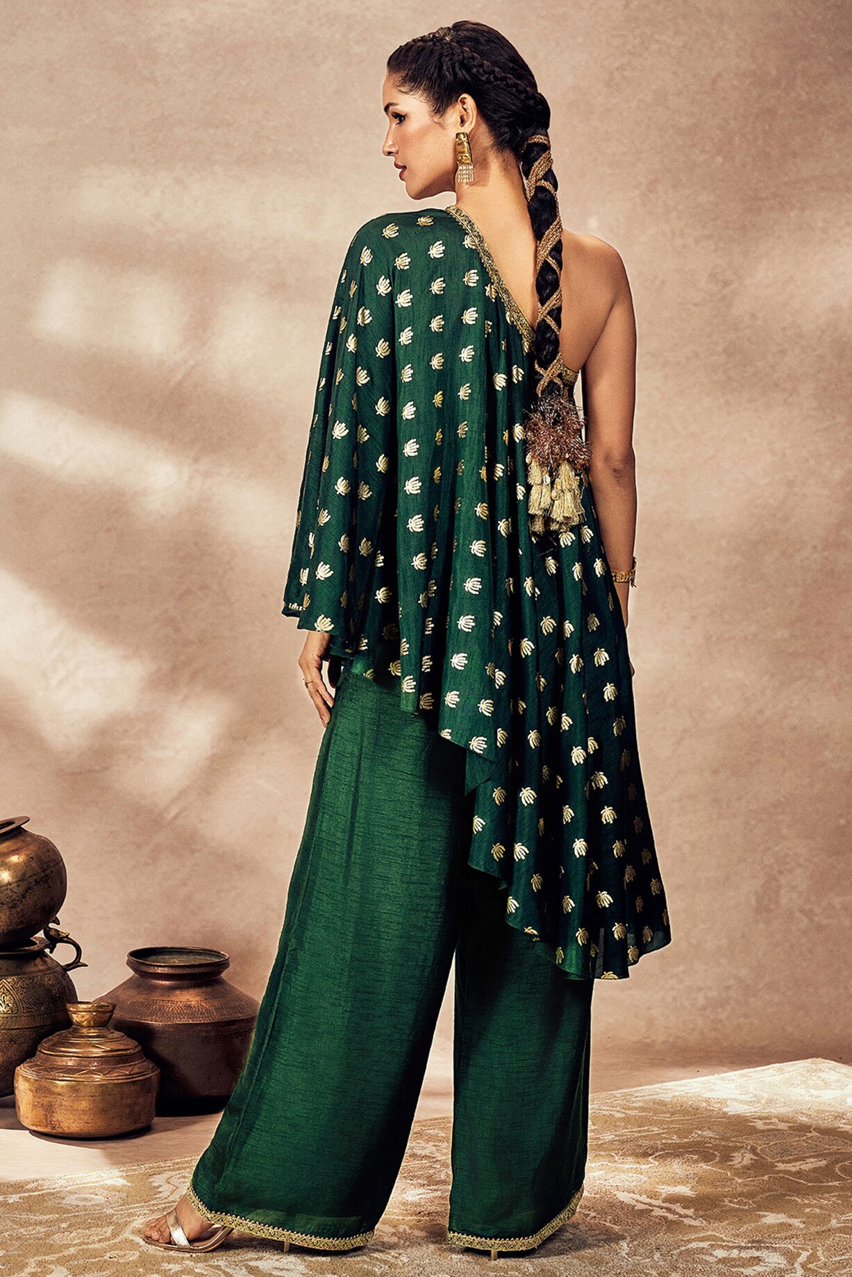 Green Raw Silk Kinari Gota Embroidered One-Shoulder Asymmetrical Tunic ...