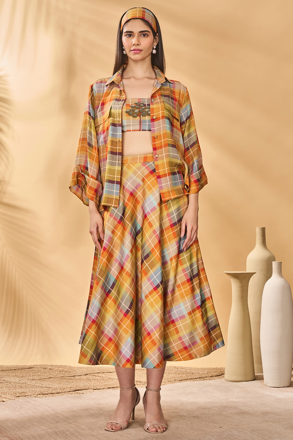 Multi-Colored Mul Silk Checkered Safari Shirt by Masaba at Pernia's Pop ...