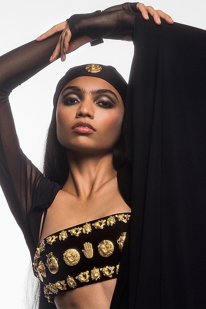 Black Heavy Crepe Motif Embroidered Draped Saree Set by Masaba at ...