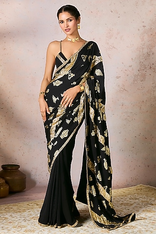 Black Crepe Silk Foil Printed & Gota Embellished Saree Set by Masaba at ...