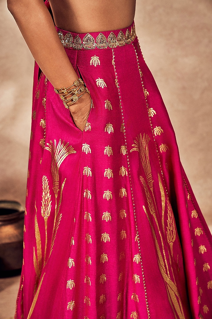 Pink Raw Silk Foil Printed & Kinari Embellished Wedding Lehenga Set by ...