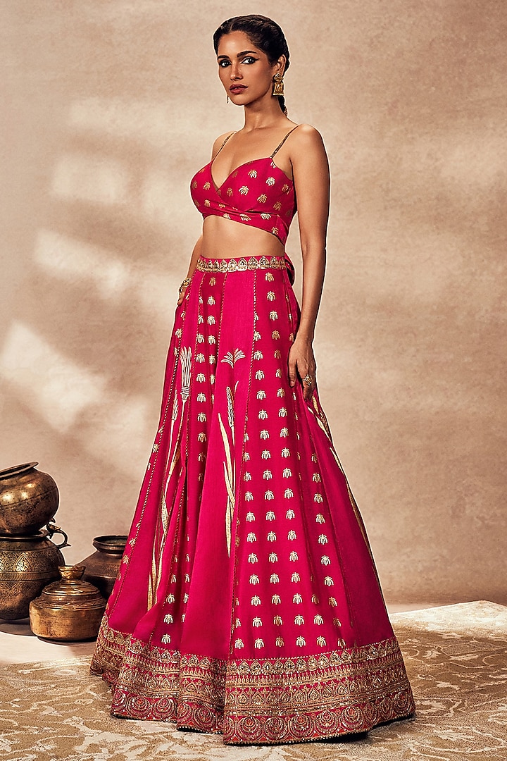 Pink Raw Silk Foil Printed & Kinari Embellished Wedding Lehenga Set by ...