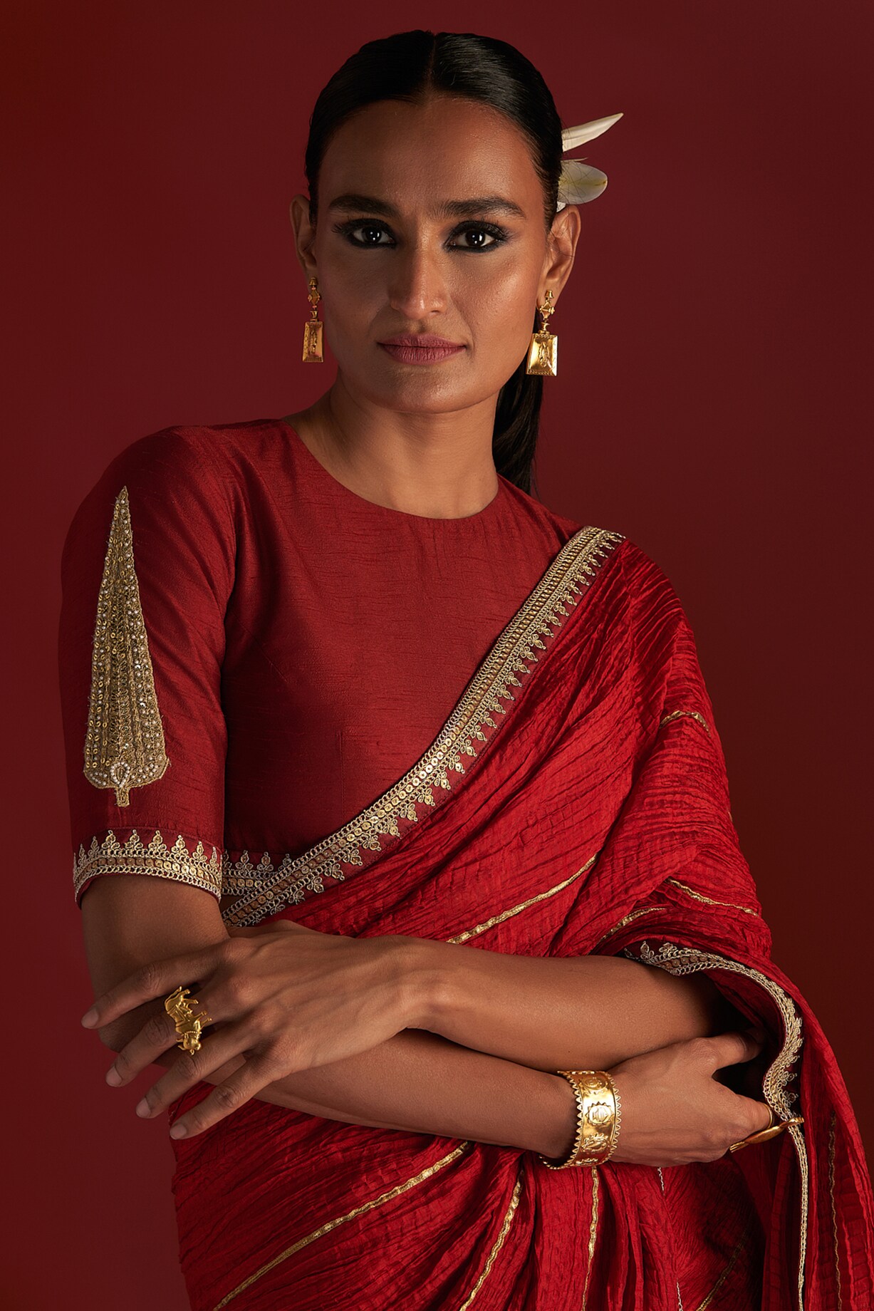 Red Raw Silk Embellished & Printed Saree Set by Masaba at Pernia's Pop ...