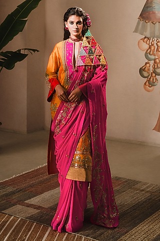 Hot Pink Pure Crepe & Heavy Raw Silk Thread Work Saree Set by Masaba at ...