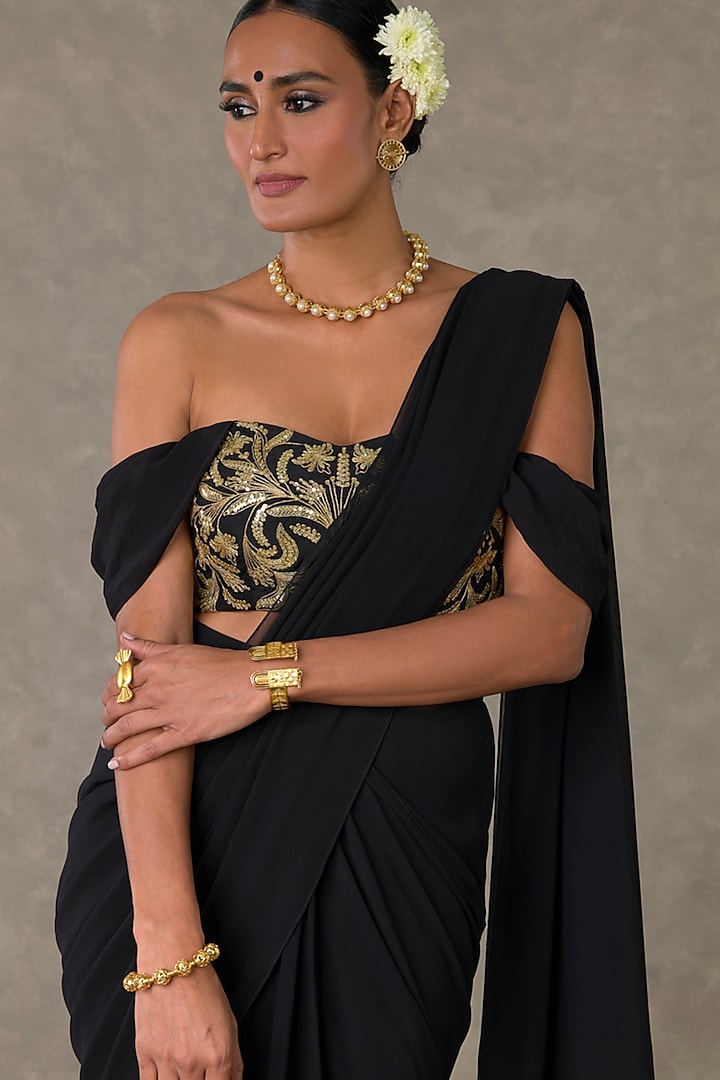 Black Georgette Sitara Work Pre-Stitched Saree Set Design by Masaba at ...
