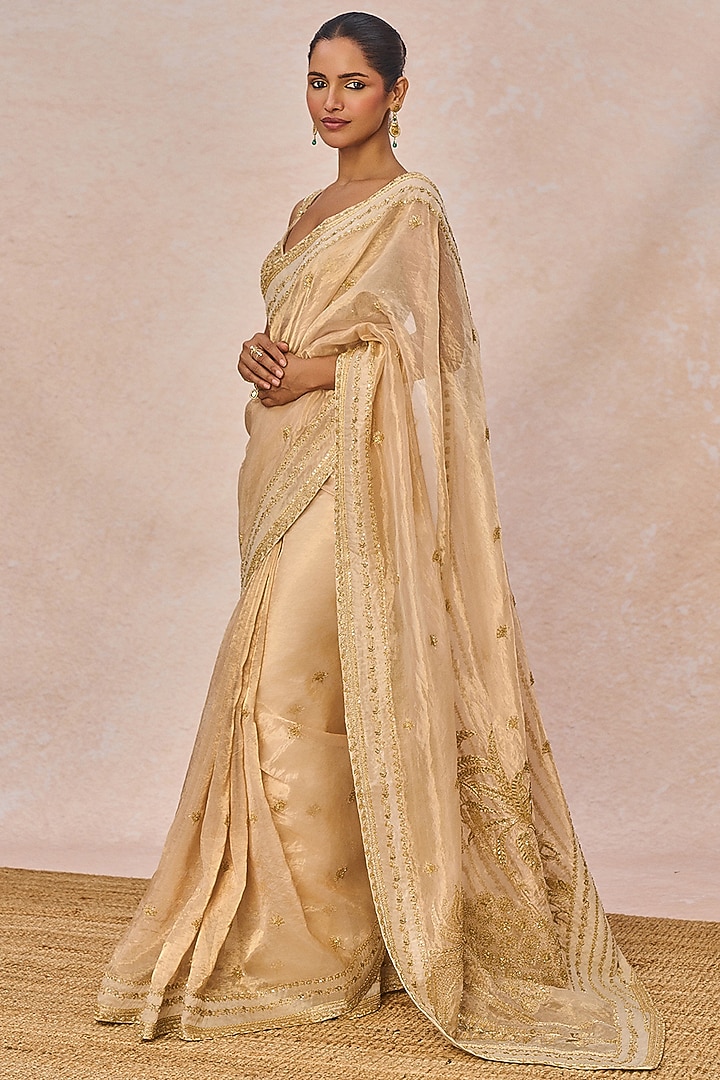 Gold & Ivory Tissue Gul Jharokha Embroidered Reception Saree Set by ...