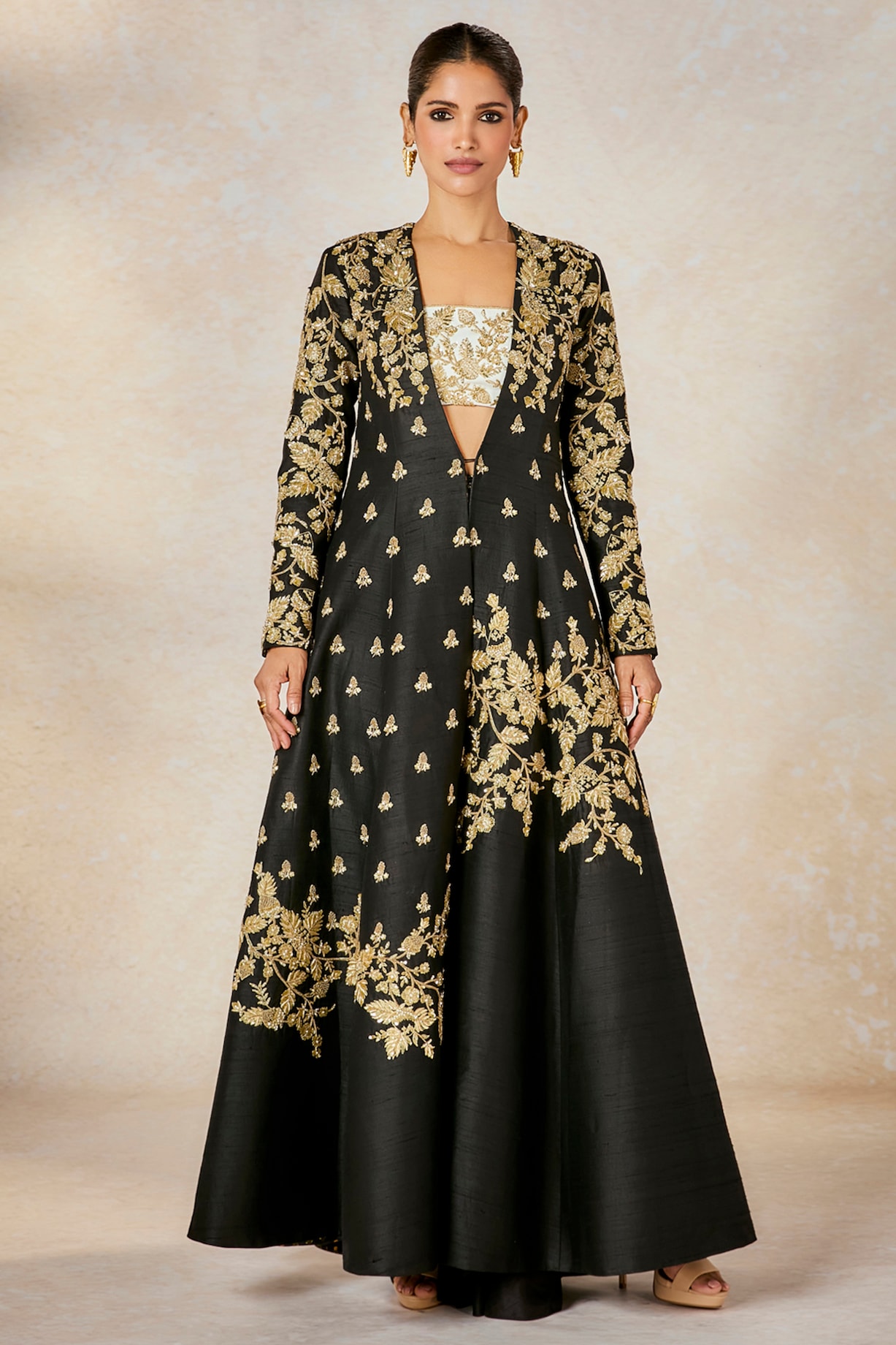 Black Raw Silk Zardosi & Moti Embroidered Jacket Set by Masaba at ...