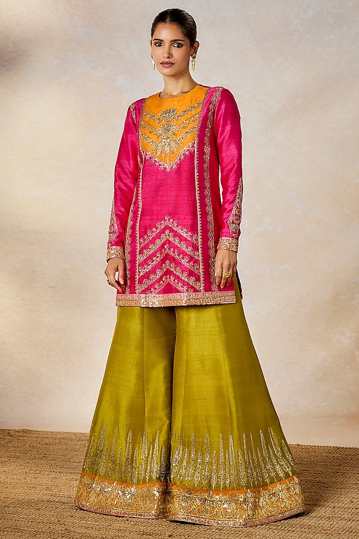 Rani Pink Raw Silk Zardosi Embroidered Color-Blocked Kurta Set by ...