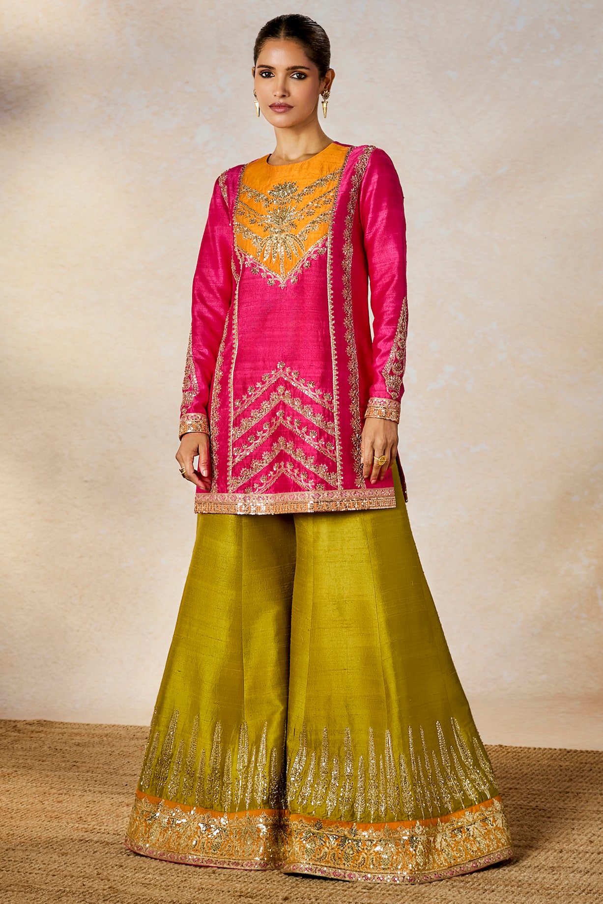 Rani Pink Raw Silk Zardosi Embroidered Color-Blocked Kurta Set by ...