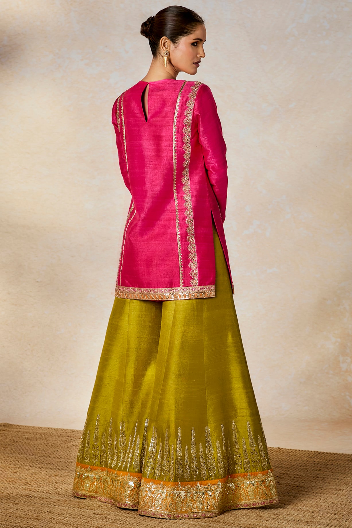 Rani Pink Raw Silk Zardosi Embroidered Color-Blocked Kurta Set by ...