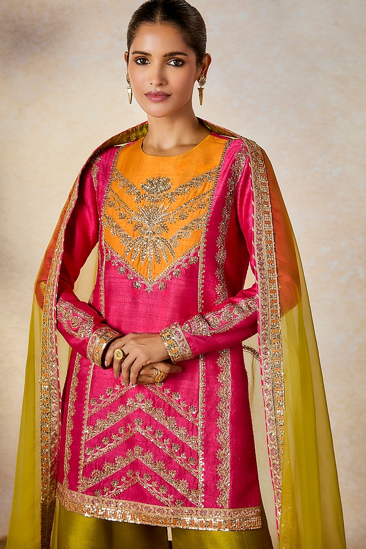 Rani Pink Raw Silk Zardosi Embroidered Color-Blocked Kurta Set by ...