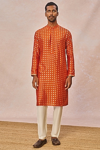 Rust Raw Silk Foil Printed Kurta Set by Masaba Men at Pernia's Pop Up ...