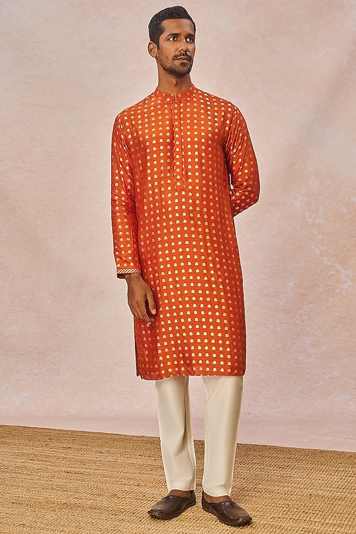 Rust Raw Silk Foil Printed Kurta Set by Masaba Men at Pernia's Pop Up ...