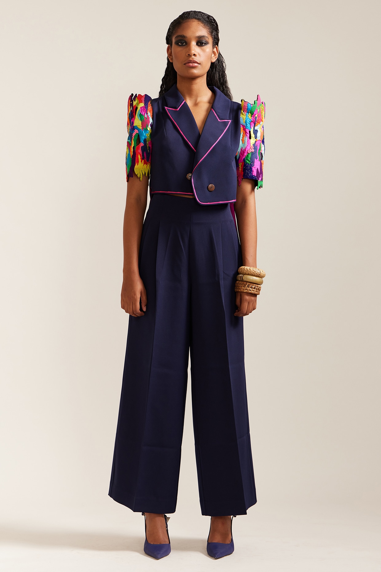 Navy Blue Crepe Hand Embroidered Co-ord Set by Mini Sondhi at Pernia's Pop Up Shop 2025