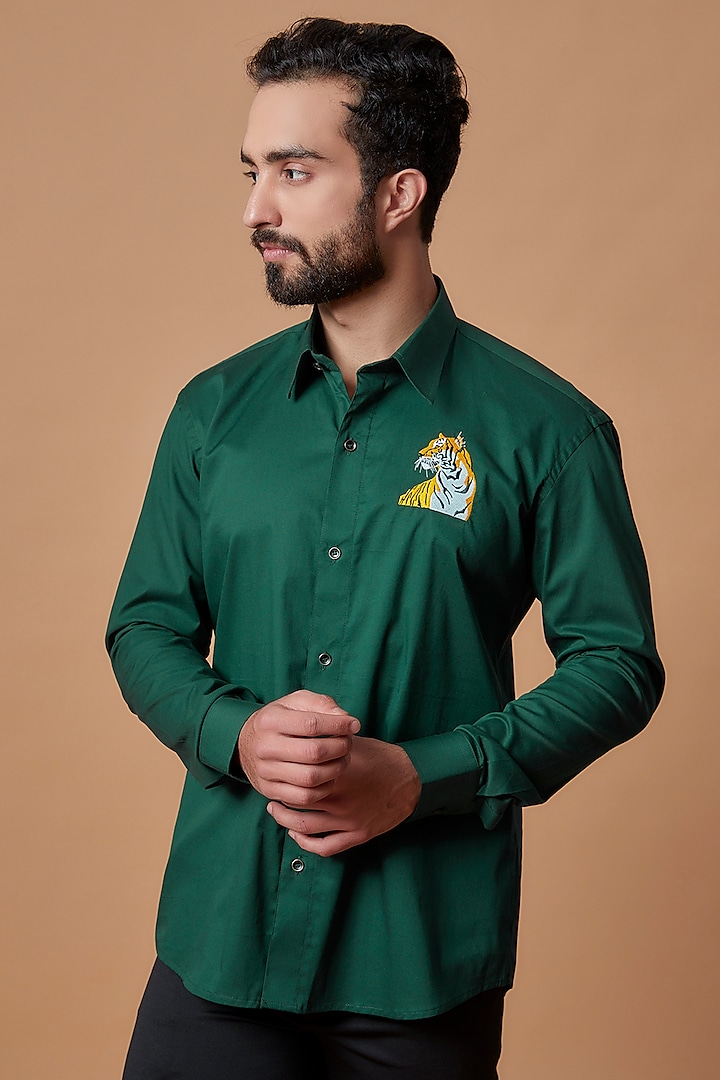 Dark Green Cotton Satin Hand Embroidered Shirt by MR. SHAH LABEL at Pernia's Pop Up Shop 2024