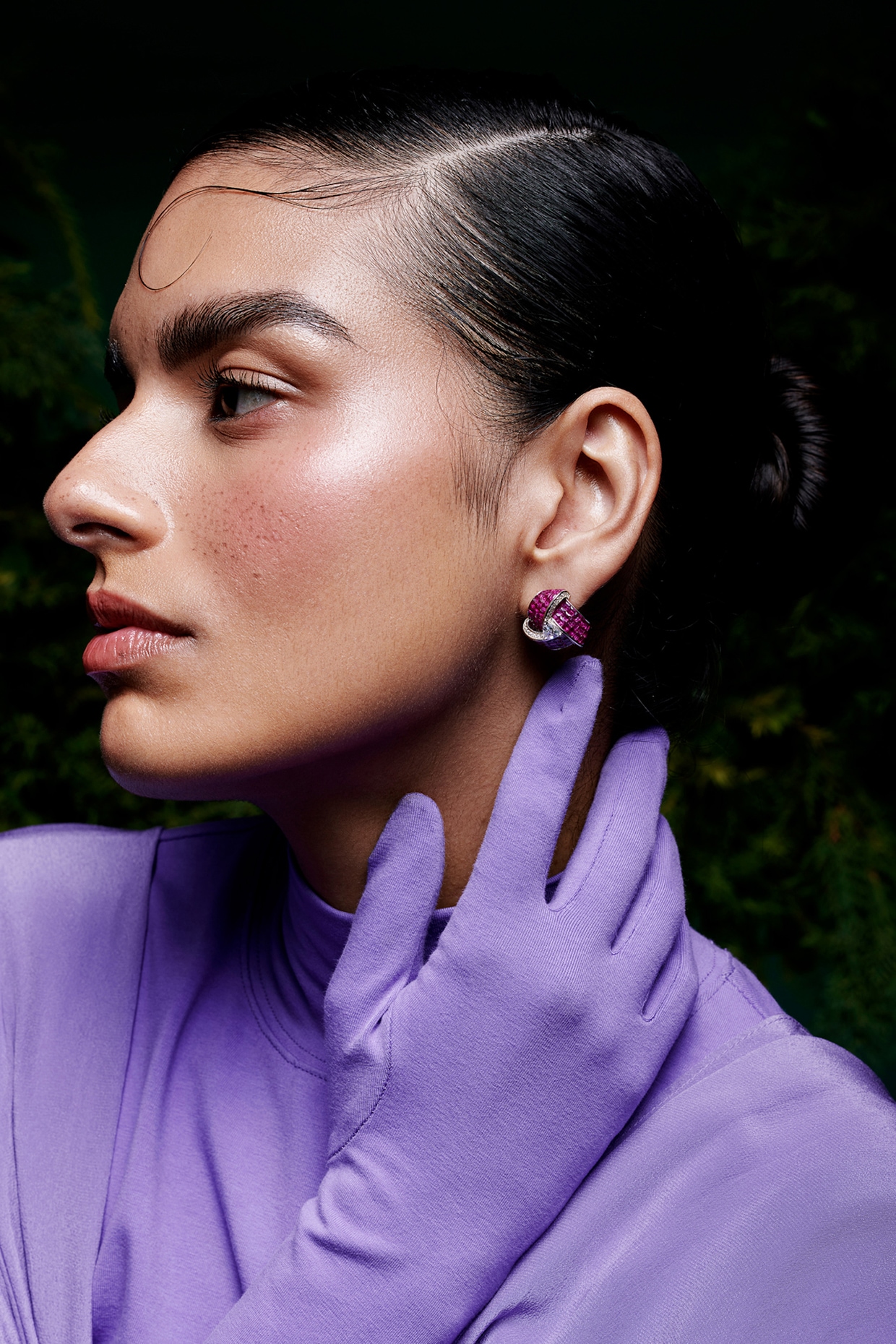 White Rhodium Finish Zircon & Ruby Spinel Stone Circlets Stud Earrings ...