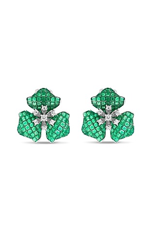 White Rhodium Finish Emerald Spinel Stone Stud Earrings In Sterling ...