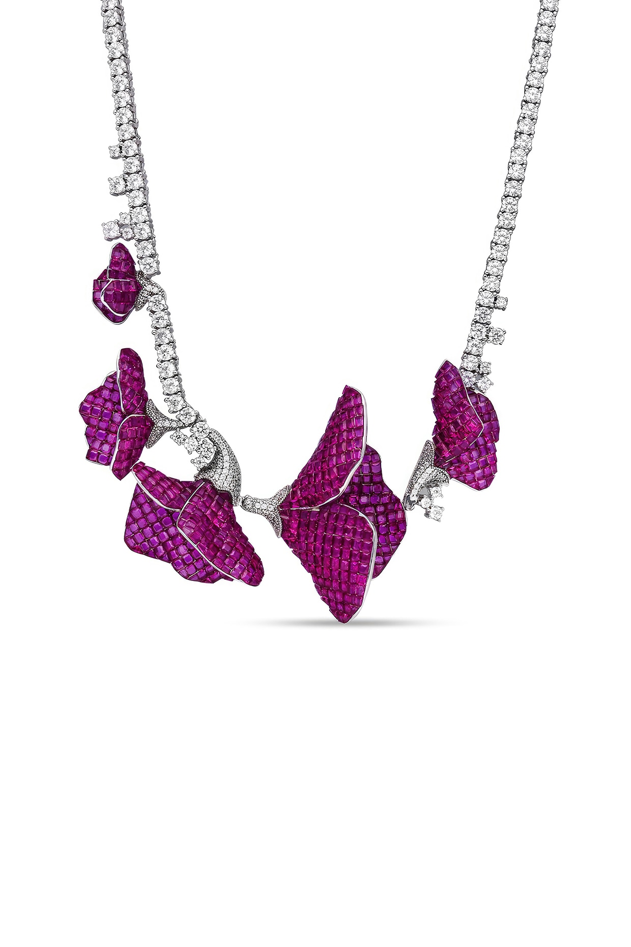 White Rhodium Finish Ruby Spinel Stone Petal Necklace In Sterling ...