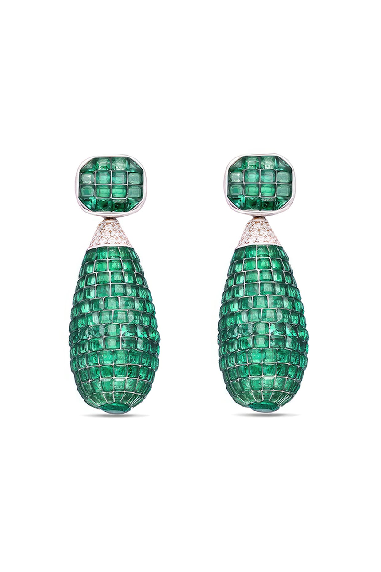 White Rhodium Finish Emerald Spinel Stone Dangler Earrings In Sterling Silver by MISS JO at ...