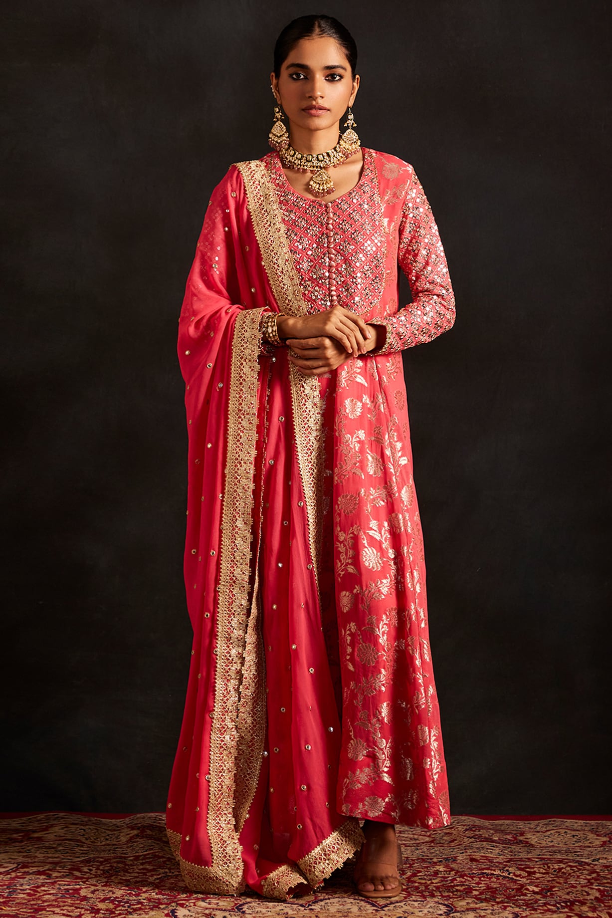 Coral Banarasi Anarkali Set by Mustard Moon by Neyha and Vrinda at ...