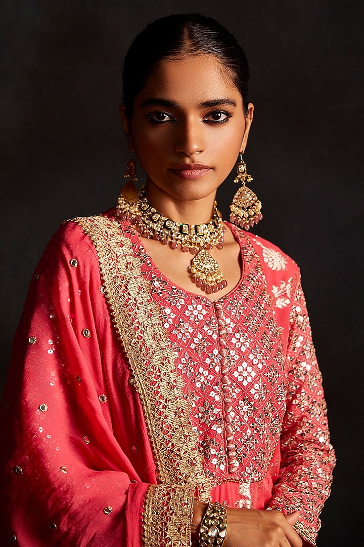 Coral Banarasi Anarkali Set by Mustard Moon by Neyha and Vrinda at ...