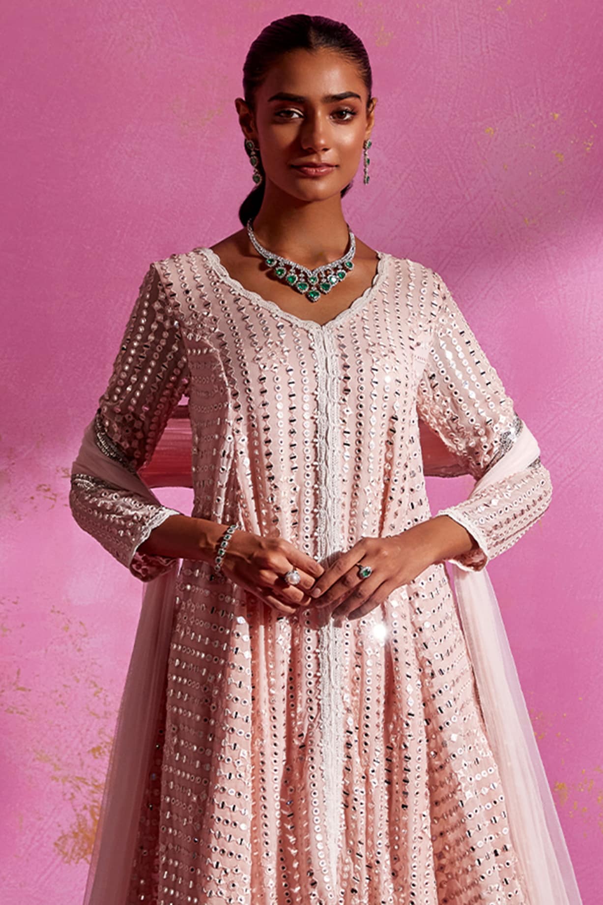 Blush Pink Georgette Mirror Work Asymmetric Kurta Set by Mustard Moon ...