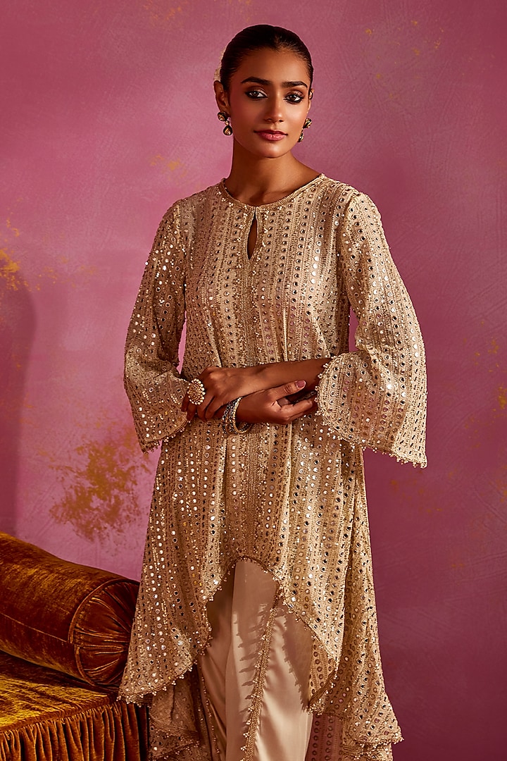 Ivory Georgette Mirror Embroidered Kaftan Set by Mustard Moon by Neyha ...