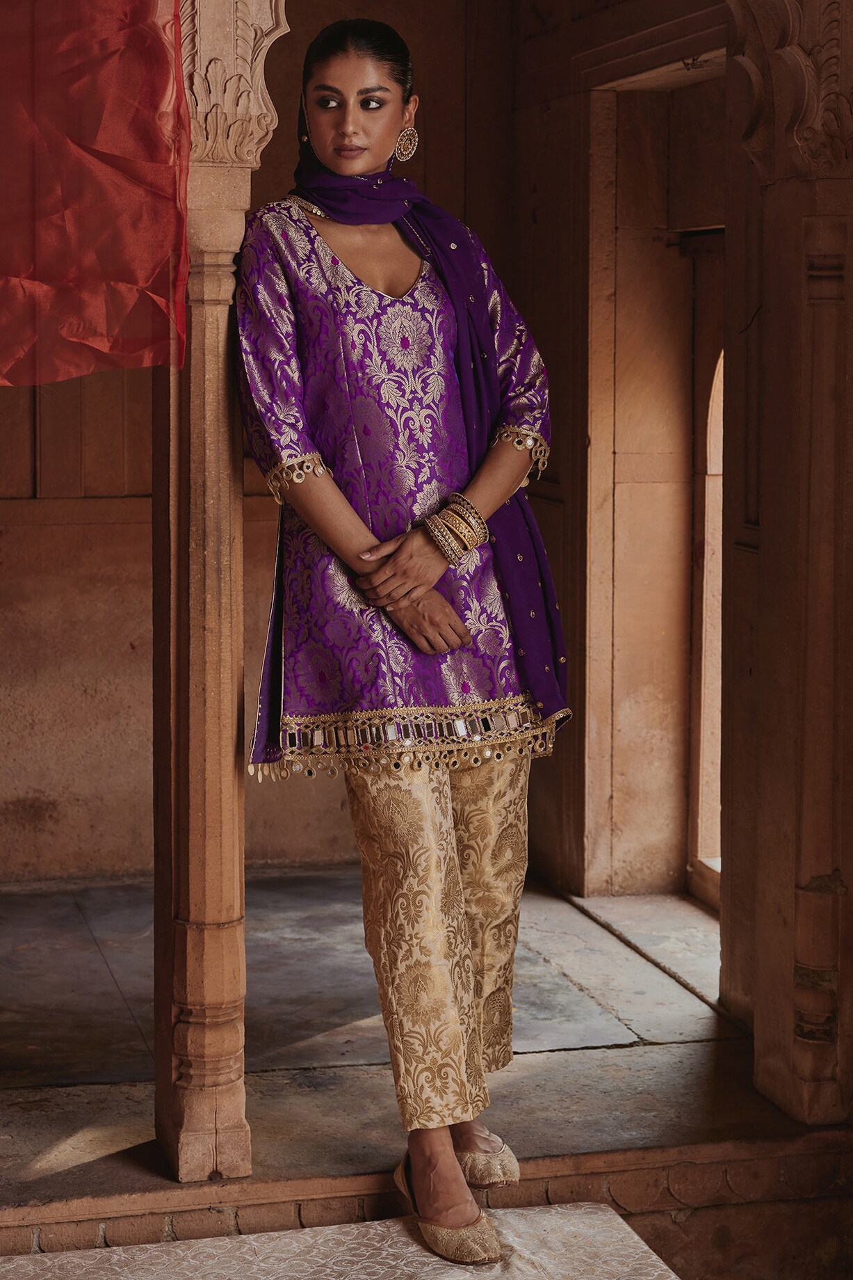 Purple Banarasi Brocade Embroidered Kurta Set by Mustard Moon by Neyha ...