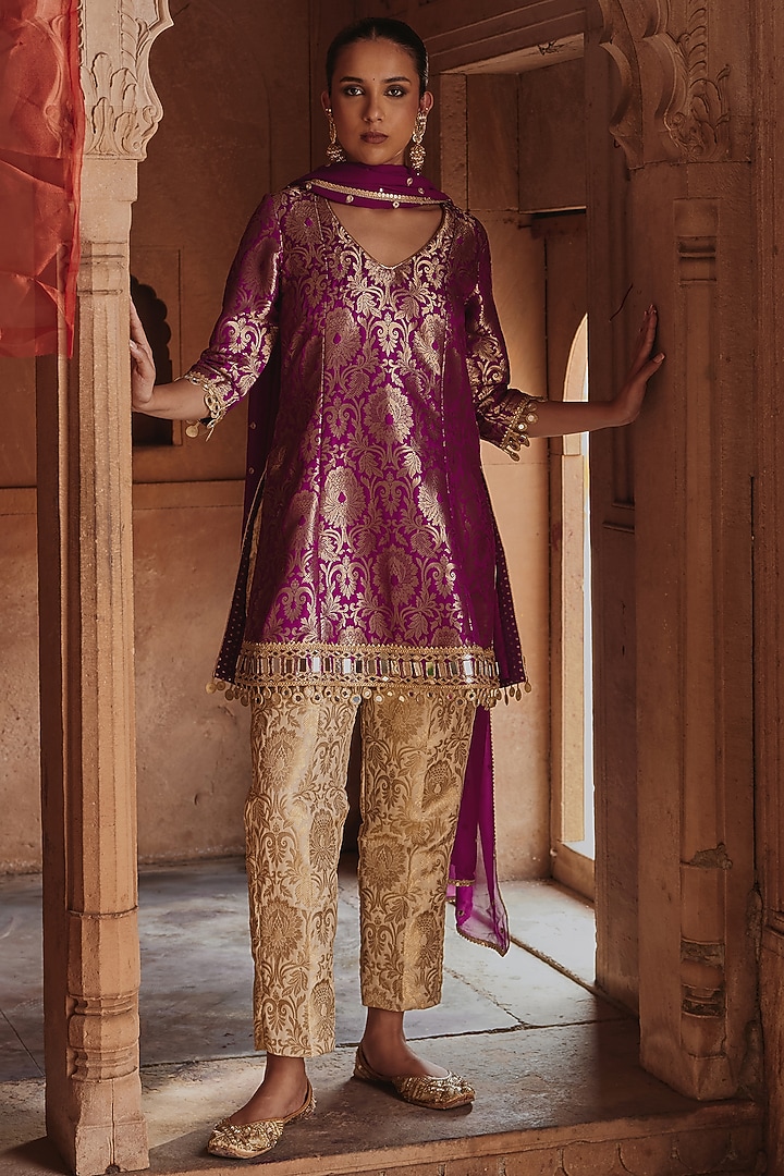 Plum Banarasi Brocade Embroidered Kurta Set by Mustard Moon by Neyha ...