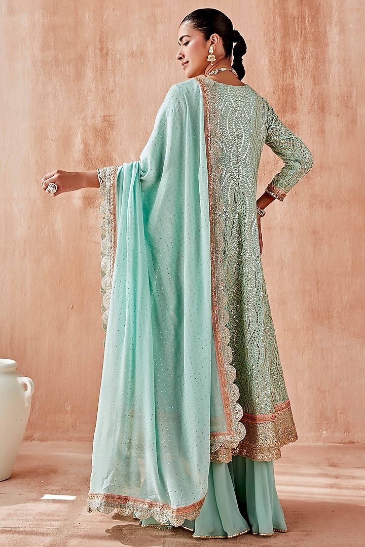 Turquoise Georgette Embroidered Anarkali Set by Mustard Moon by Neyha ...
