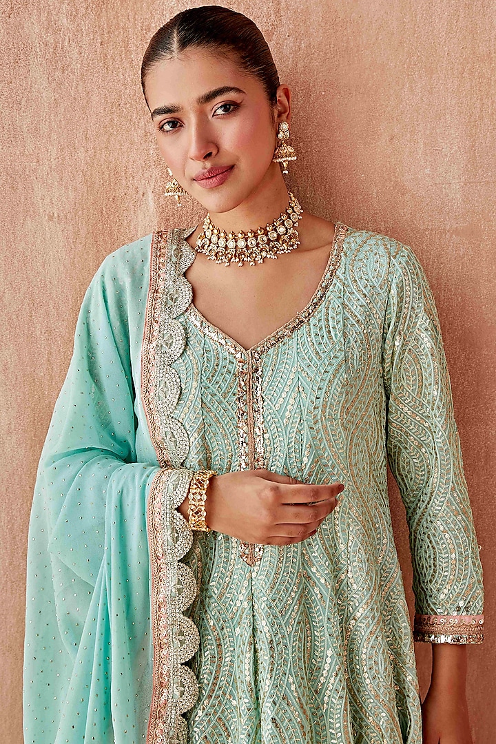 Turquoise Georgette Embroidered Anarkali Set by Mustard Moon by Neyha ...