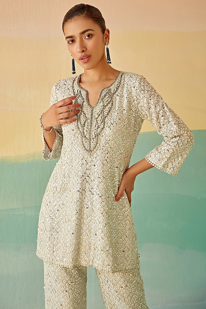 Dusky Blue Georgette Embroidered Co-Ord Set by Mustard Moon by Neyha ...