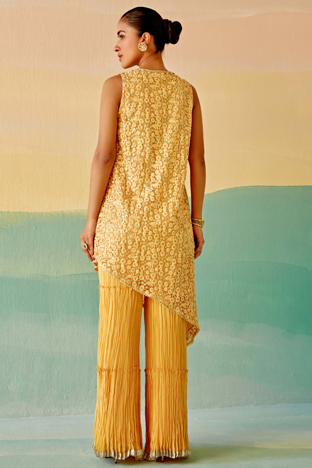 Lemon Yellow Georgette Crinkle Sharara Set by Mustard Moon by Neyha and ...
