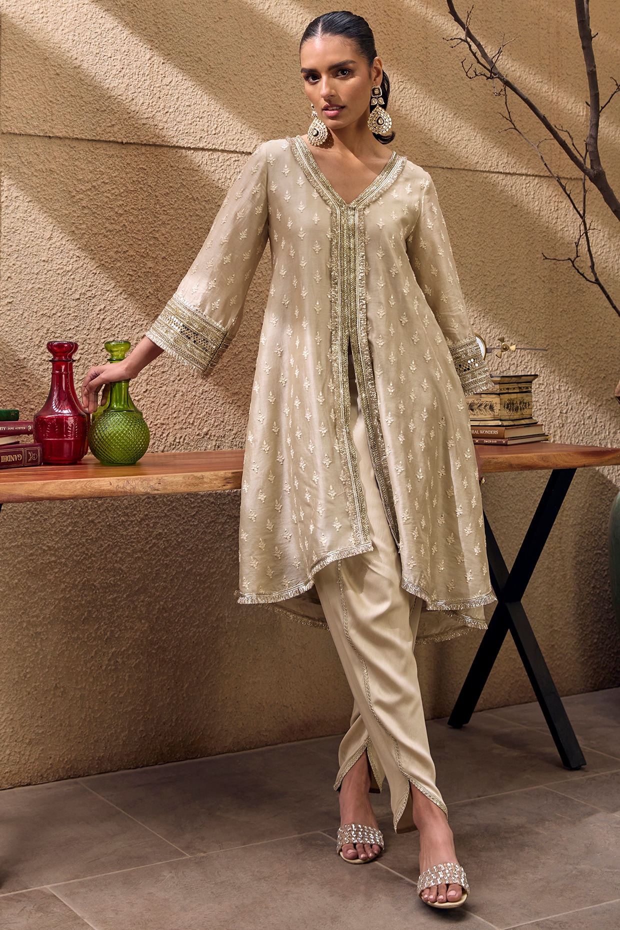 Sand Chanderi Silk Motif Embroidered High-Low Kurta Set by Mustard Moon ...