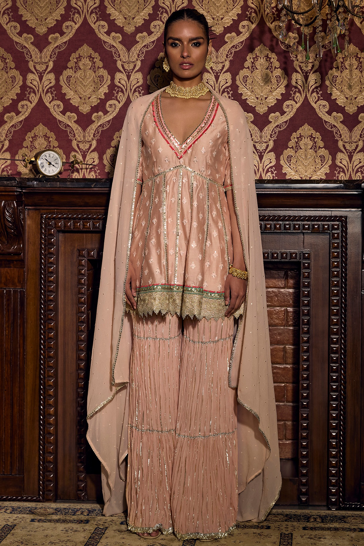 Peach & Multi-Colored Chanderi Cotton Embroidered Short Tunic Set by ...