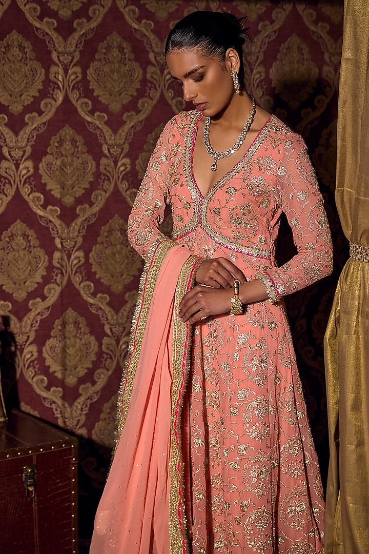 Peach Candy Georgette Embroidered Long Kurta Set by Mustard Moon by ...