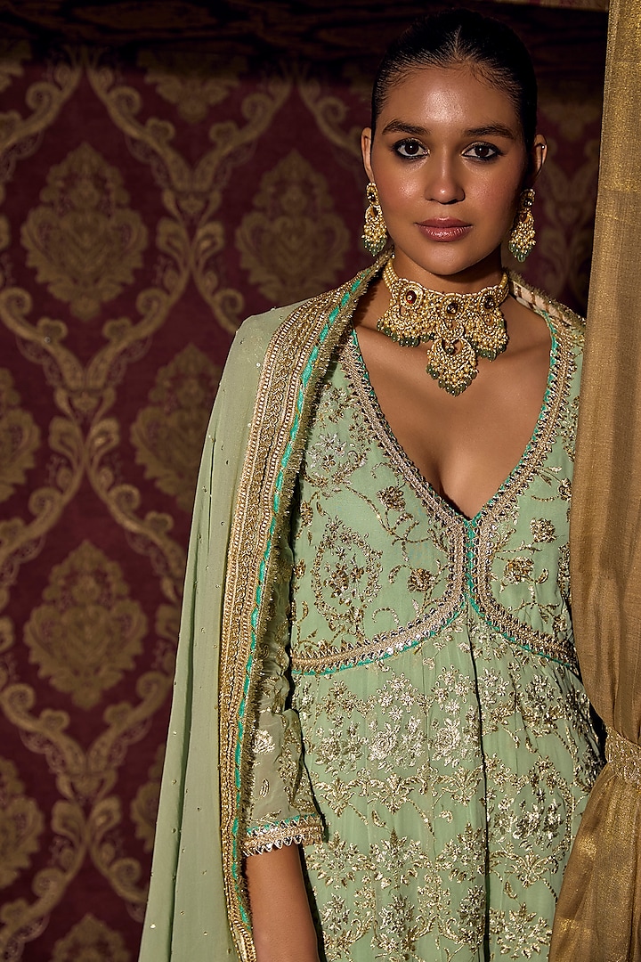 Pistachio & Ivory Georgette Embroidered Long Kurta Set by Mustard Moon ...