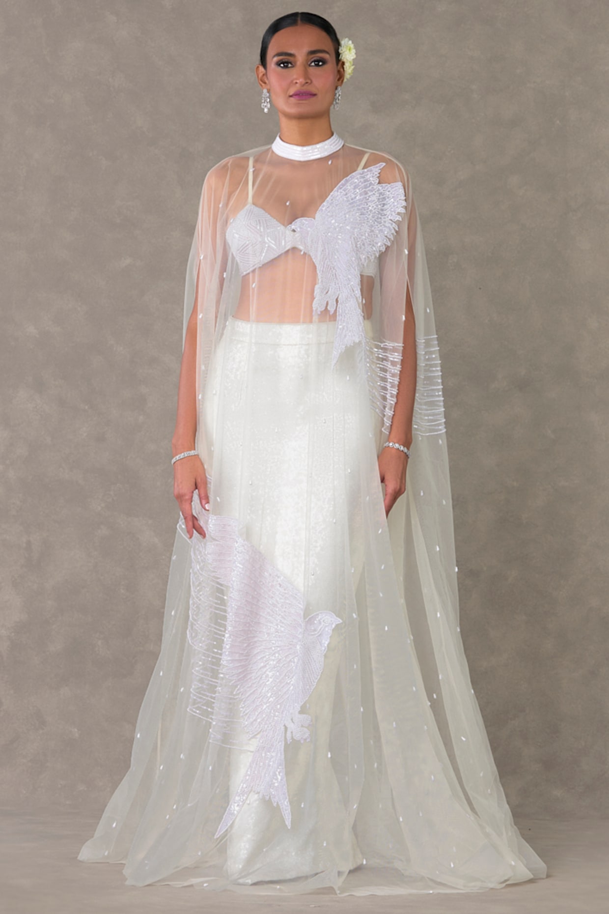 White Tulle Moti Embellished Cape Set by Masaba at Pernia's Pop Up Shop 2025