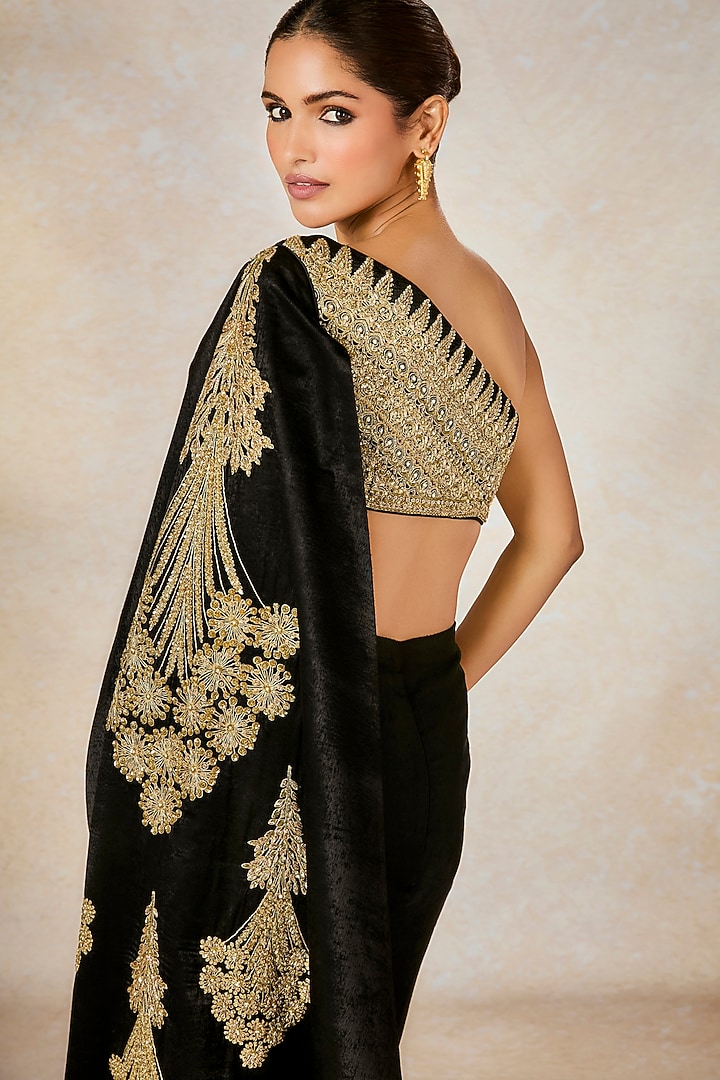 Black Velvet Satin Sitara Embroidered One-Shoulder Gown Saree by Masaba ...