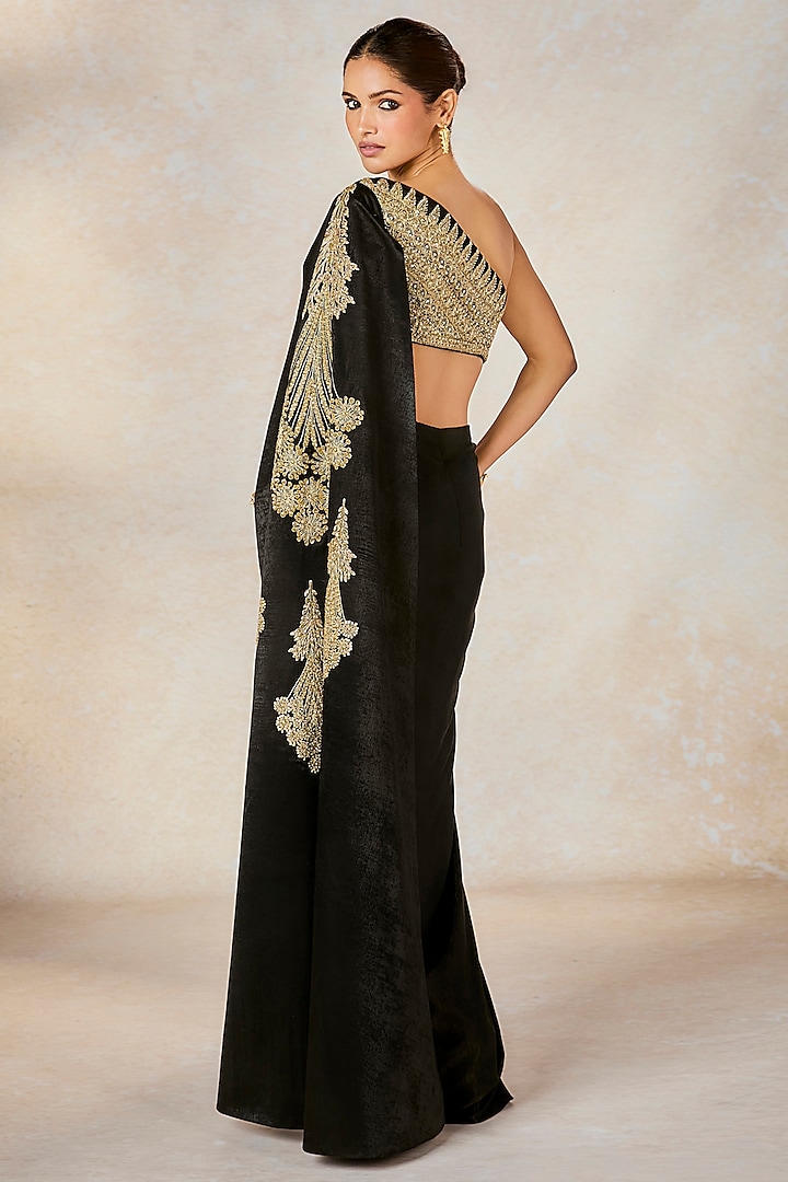 Black Velvet Satin Sitara Embroidered One-Shoulder Gown Saree by Masaba ...
