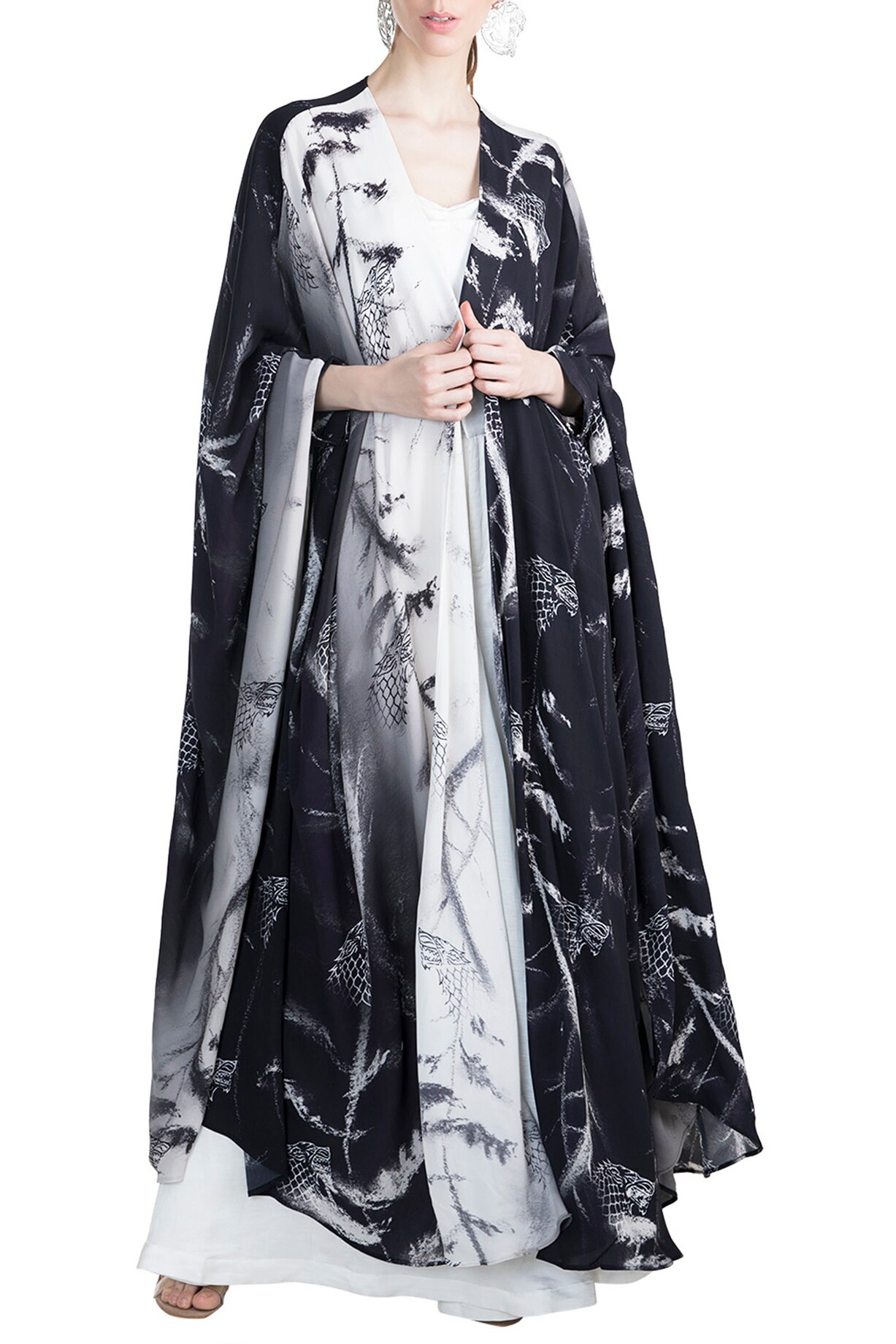 White & Black Tangled Haven Cape With Bustier & Flared Pants by Masaba ...