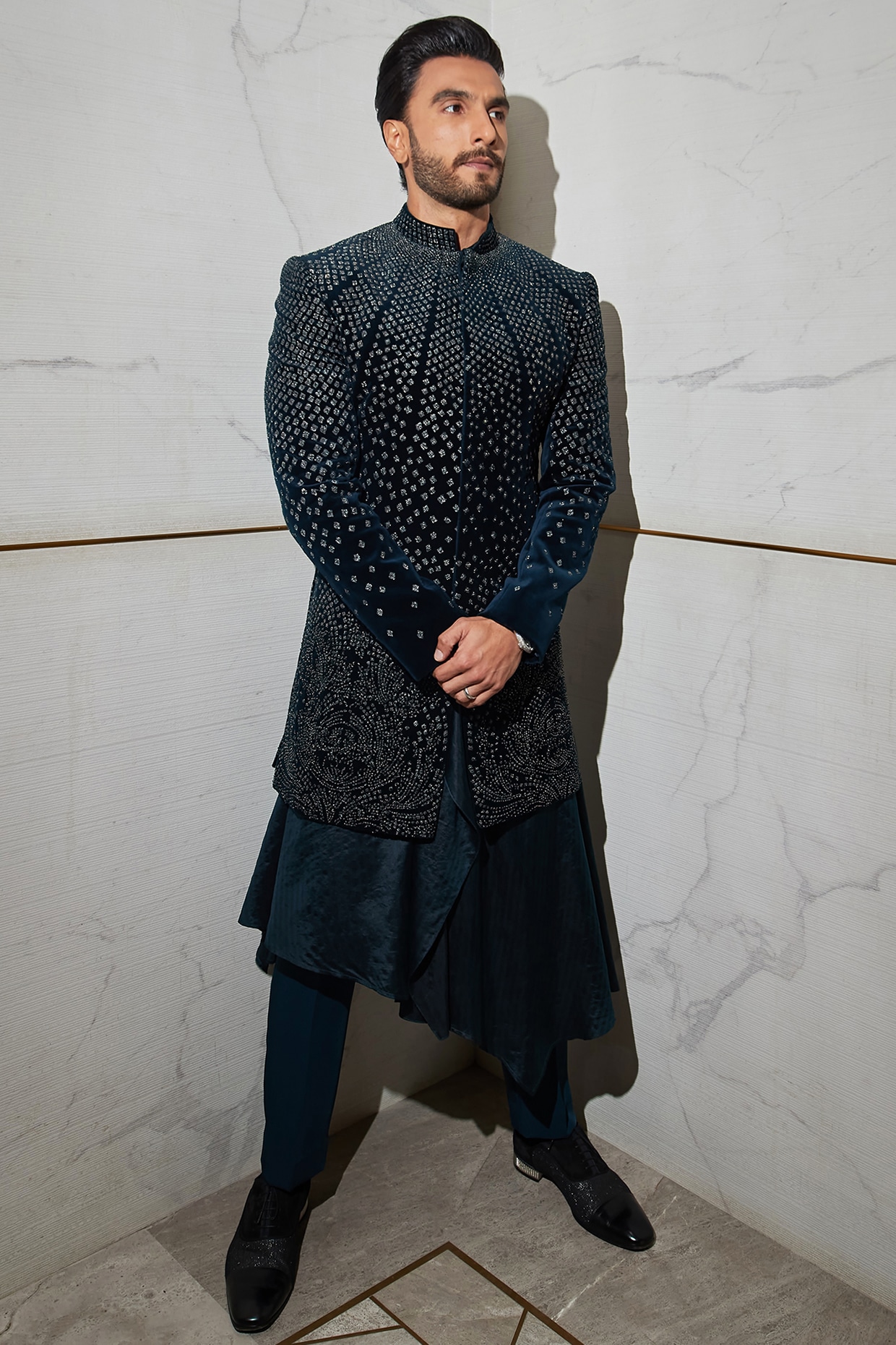 Blue Viscose Dupion Silk Thread Embroidered Indowestern Set by Rohit Gandhi & Rahul Khanna Men ...