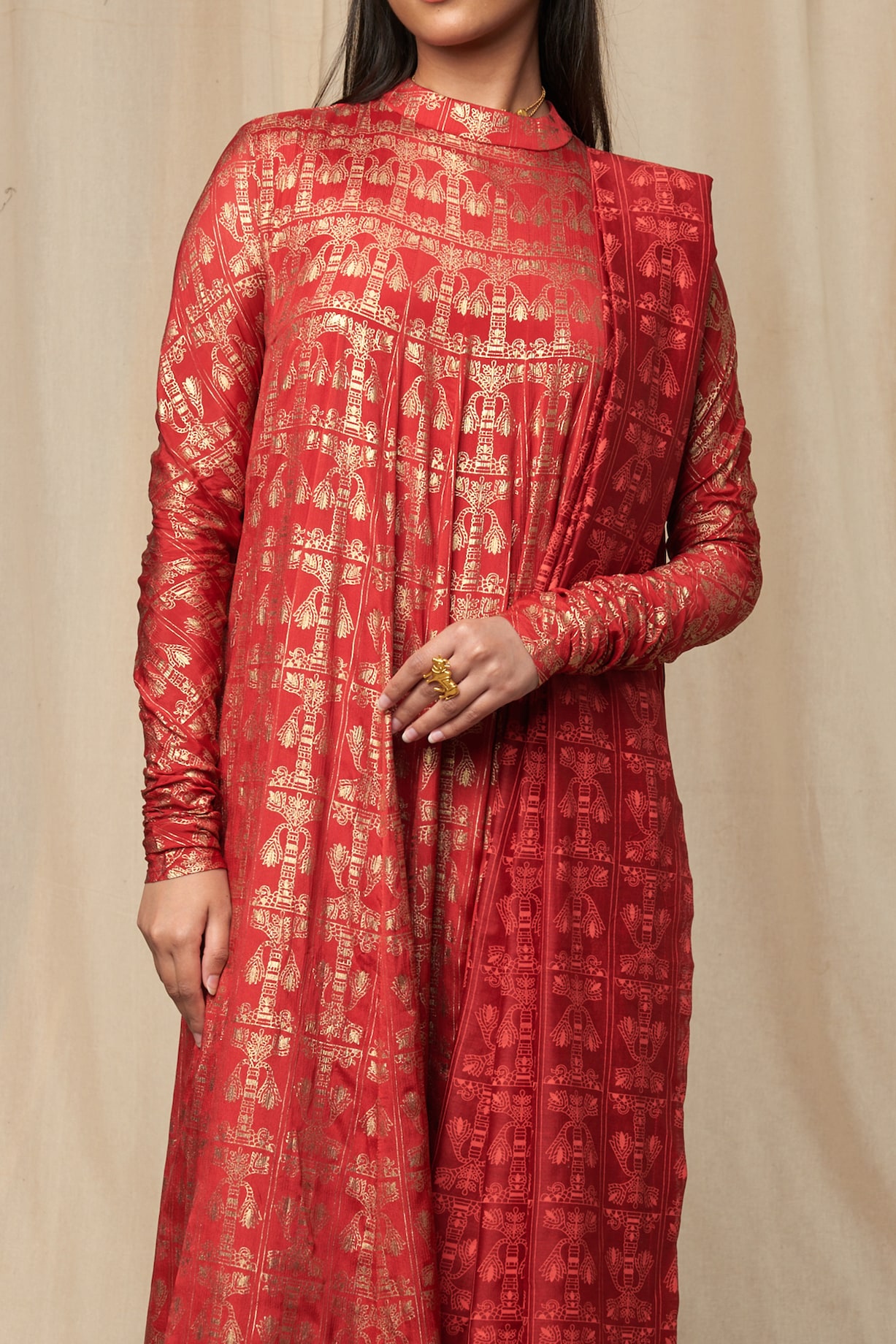 Scarlet Chiffon Gold Tree Trunk Anarkali Set by Masaba at Pernia's Pop ...