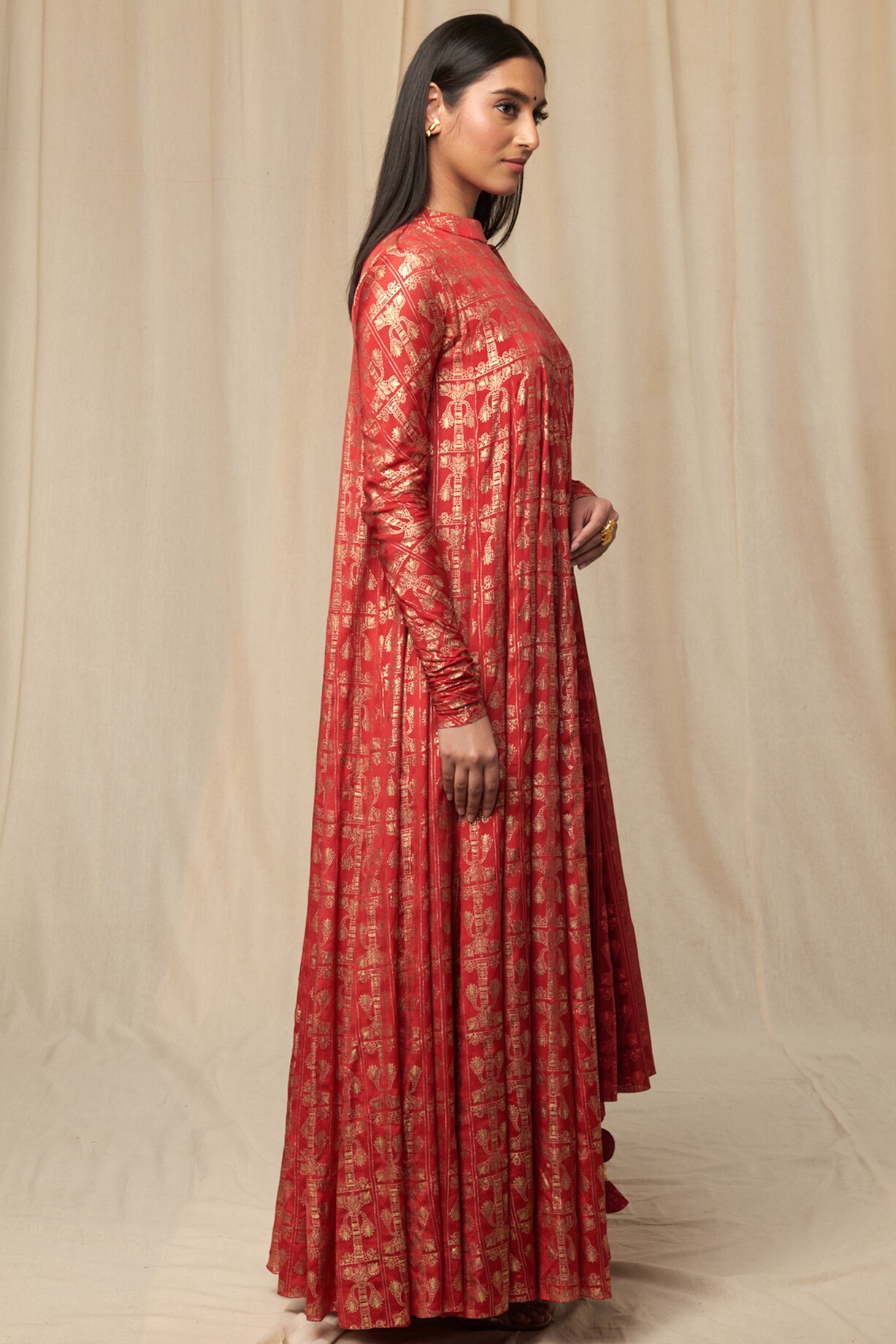 Scarlet Chiffon Gold Tree Trunk Anarkali Set by Masaba at Pernia's Pop ...