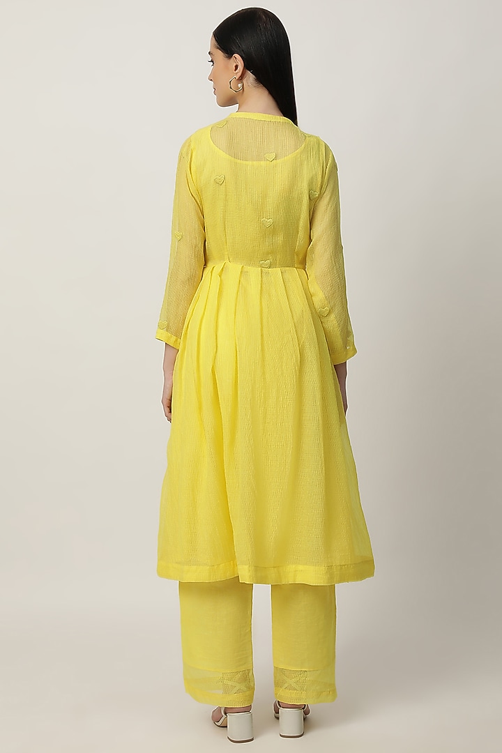 Bright Yellow Kota Doria Embroidered Wrap Kurta Set by Musal at Pernia ...