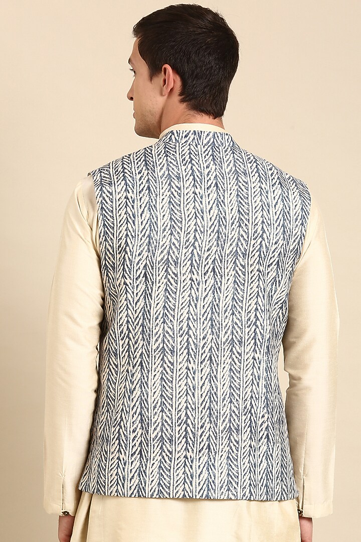 White & Blue Muslin Printed Nehru Jacket Design by Mayank Modi at ...
