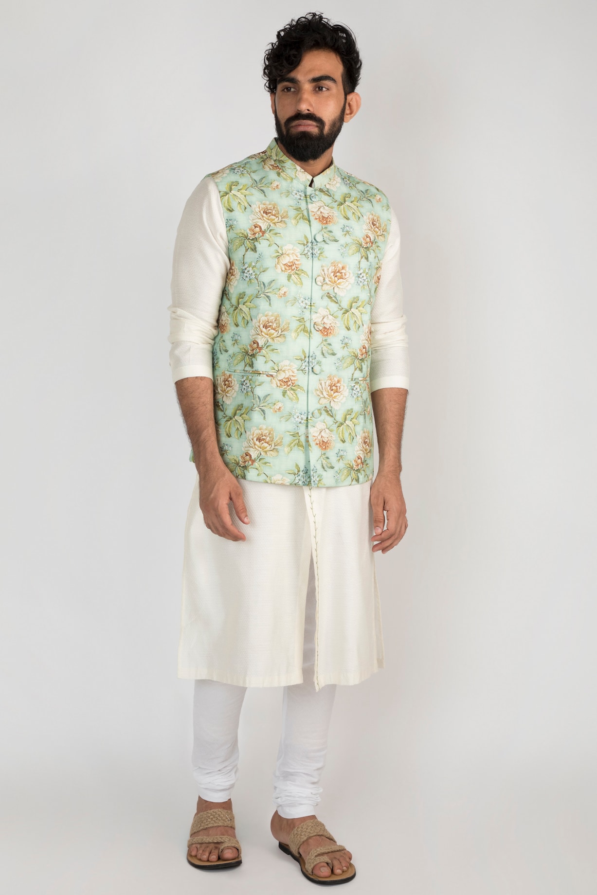Mint Green Floral Printed Nehru Jacket by Mayank Modi at Pernia's Pop ...