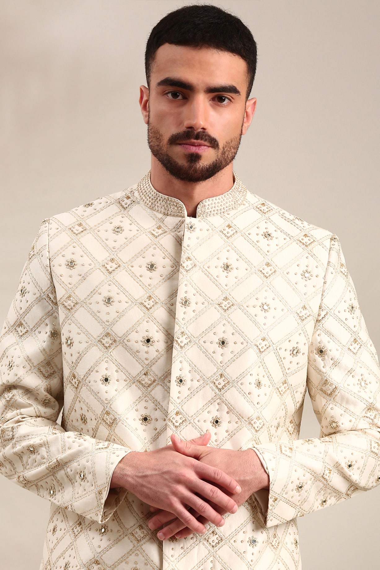 Ivory Chanderi Embroidered Wedding Sherwani Set by Mayank Modi at Pernia's Pop Up Shop 2025